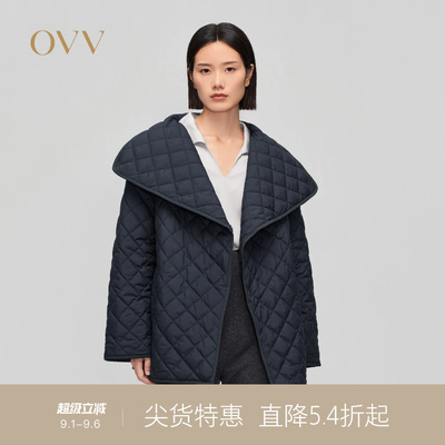 OVV秋冬热卖女装经典时髦大翻领小菱格保暖棉服外套