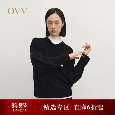 OVVOutlet秋冬热卖女装V领袖口活动金属扣羊毛长袖针织衫