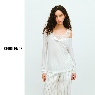 REDOLENCE慵懒拼接蕾丝假两件T恤小众设计师款长袖天丝白色上衣女