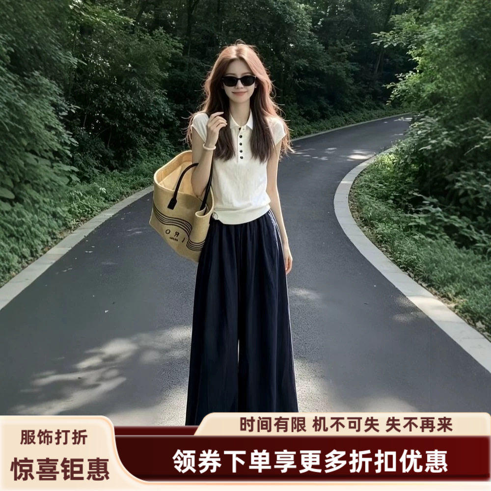 韩系巨好看休闲穿搭一整套2026新款白色polo短袖女夏季阔腿裤套装