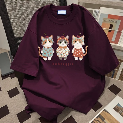 美式可爱仿刺绣猫咪纯棉短袖t恤女夏潮牌hiphop街头风中长款上衣