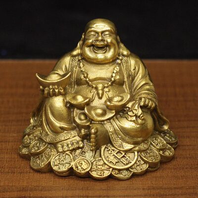 肚佛保平安纯铜招财大佛小号车载装饰佛铜钱佛弥勒佛桌面摆件品笑