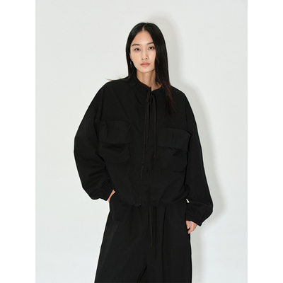 ROLLINGAGE 立体口袋运动夹克外套运动风休闲廓形上衣 米白/黑