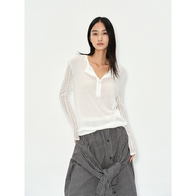 ROLLINGAGE 蕾丝拼接亨利领长袖打底衫独特设计感微透针织上衣