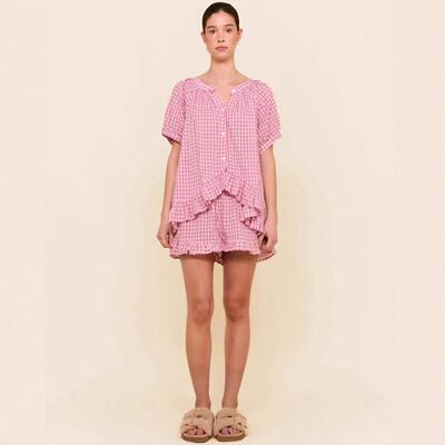 Buenoble Women Gingham Pajama Set Ruffle Shorts Lounge