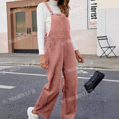 Buenoble Fall Corduroy Overalls Women Barrel Leg Bib Pants