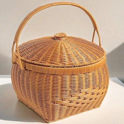 农村有盖竹篮，礼拜有盖竹篮，手工编织超大容量储物篮，室外彷藤