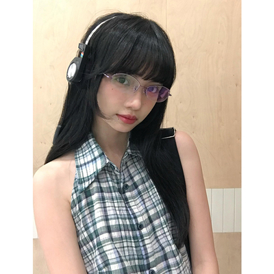 法式甜酷风露背挂脖无袖格子衬衫