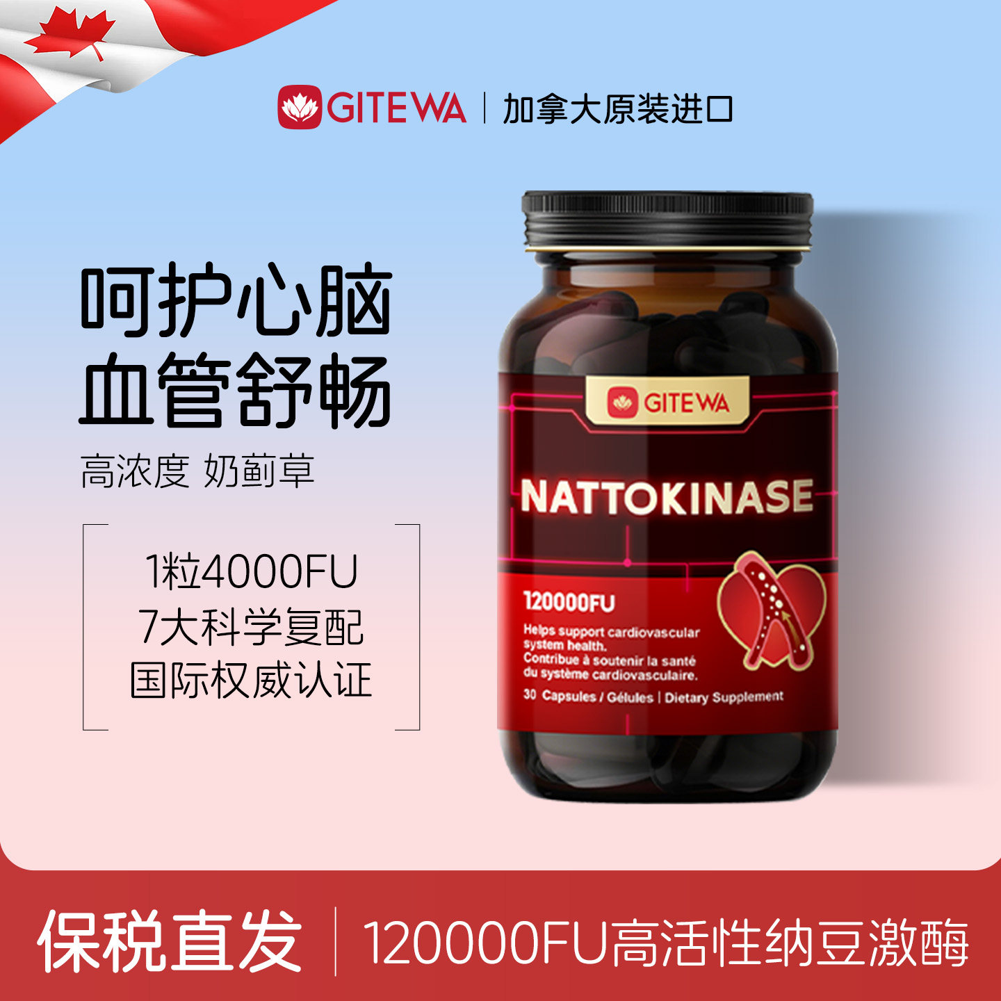 Gitewa纳豆激酶4000FU纳豆提取物胶囊呵护血管加拿大原装进口正品