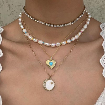 Lady Carve Heart Locket Opal Necklace Womens Alloy Jewellery
