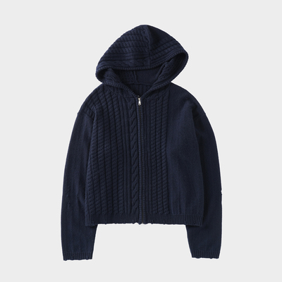 Amicus Animae 破坏不规则软糯绞花羊毛拉链连帽开衫毛衣