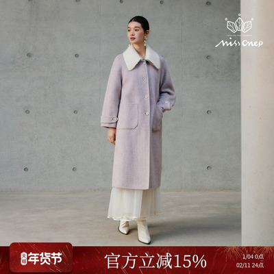 紫色针织领单排扣直筒毛呢外套