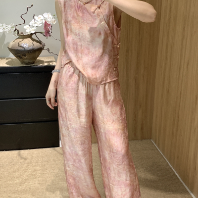 王奕可amzg-质新中式晕染印花盘扣优雅气质小衫+休闲裤套装33882