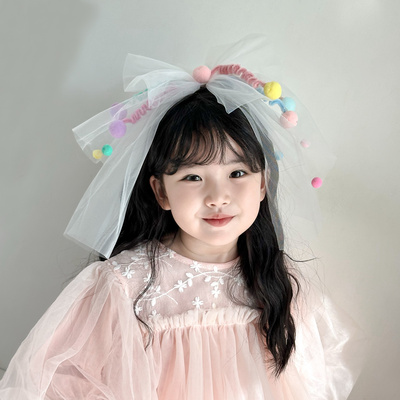 ins风生日头饰甜美可爱儿童扭扭发夹公主纱网宝宝彩色毛球生日帽