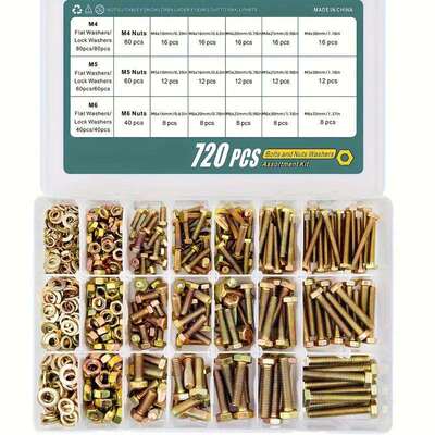 跨境720pcs彩锌外六角螺丝螺栓套装外六角头螺栓配螺母平垫盒装