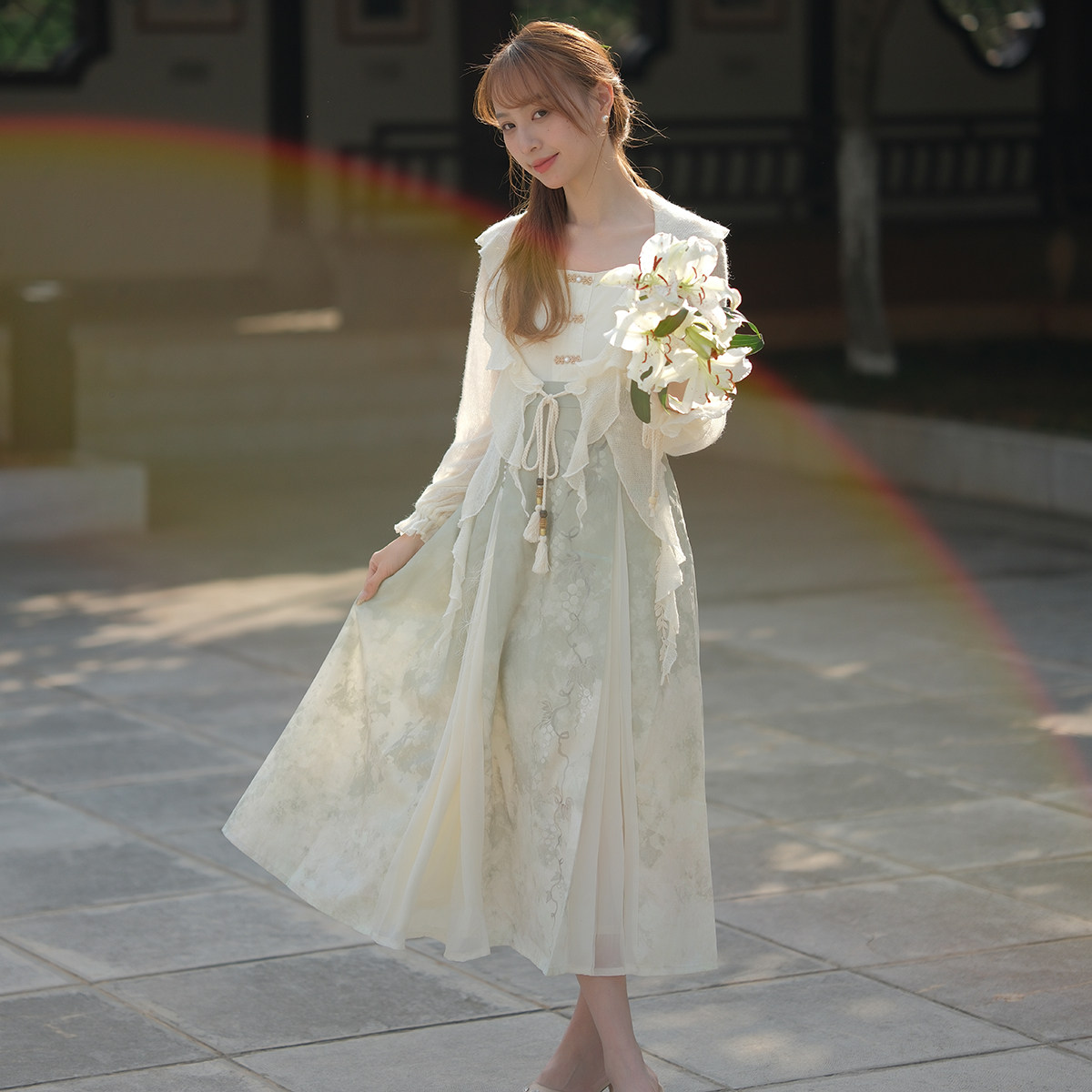 【紫嘉儿同款】中国风改良汉元素女上衣吊带裙套装时尚日常浅绿