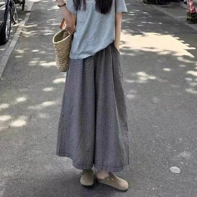 【小田tia专享】废土风 复古格子裤韩版甜美阔腿裤休闲裤女慵懒风