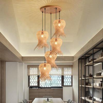 楼梯新中式旋转楼梯长吊灯个性禅意茶室民宿装饰竹编竹艺吊灯