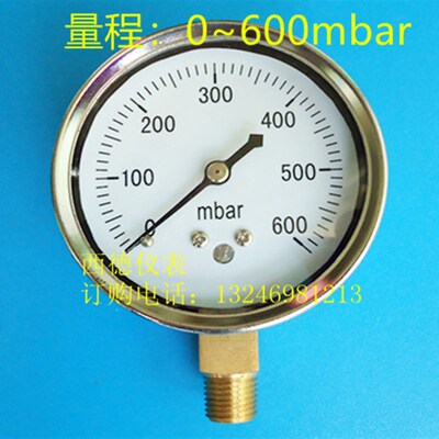 60MM径向0-600mbar压力表,毫巴压力表,毫Q巴燃气表,螺牙1/4