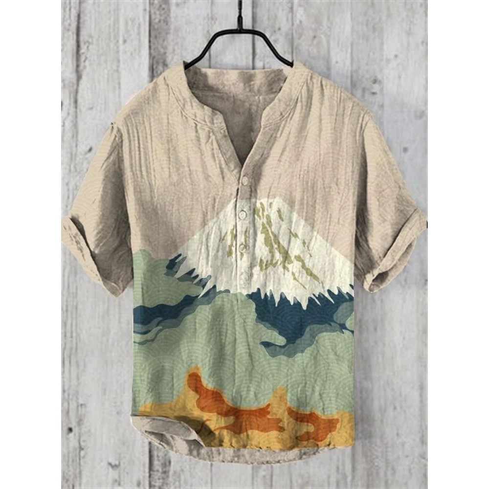 3D印花V领系扣短袖衬衫3D printed V-neck buton-up short-sleved