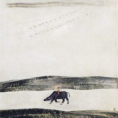 儿童动物装饰挂画手绘临摹复制品Sanyu牧N童与水牛新中式常玉油画