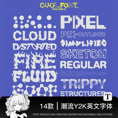 14款酸性Y2K赛博朋克机能抽象PROCREATE英文西文PSAI字体安装包