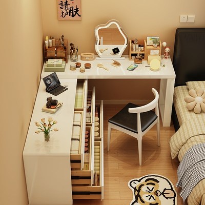 速发实木梳收台可伸缩头角书桌家用卧室生化妆台斗柜一体床转妆纳