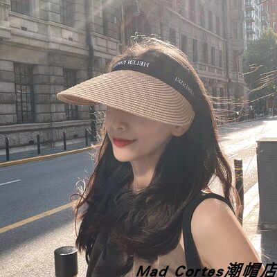 Mad Cortes日本拉菲草空顶帽遮阳防晒帽子女夏季大檐发箍太阳草帽