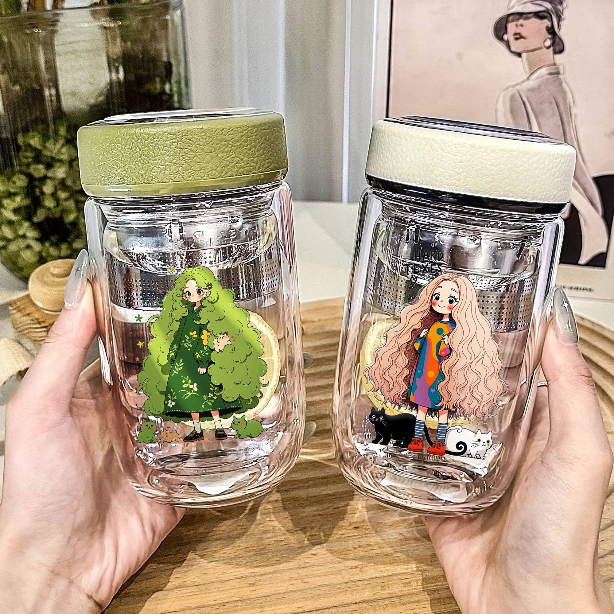 软萌女生玻璃杯学生泡茶杯上班高颜值茶水分离便携办公喝水杯子