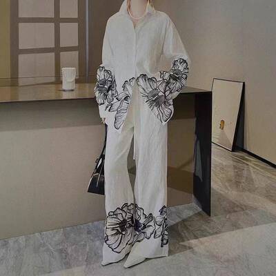 Women'S 2 Pieces Outfit Turn-Down Collar Long Sleeve Button