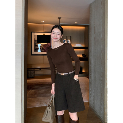 Maven Lin 知性主义 复古咖色阔腿毛呢中裤女极简通勤直筒休闲裤