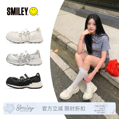 SMILEY笑脸亮片女圆头白色蝴蝶结浅口蕾丝运动玛丽珍温柔休闲鞋子