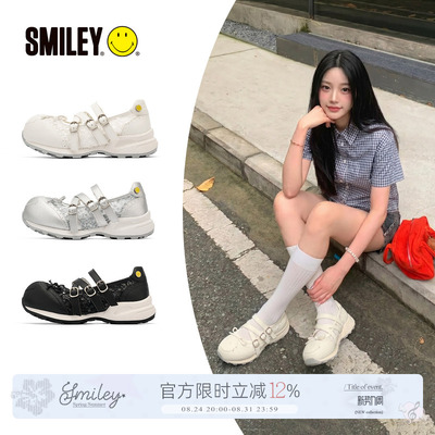 SMILEY笑脸亮片女圆头白色蝴蝶结浅口蕾丝运动玛丽珍温柔休闲鞋子