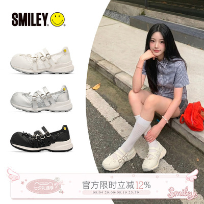 SMILEY笑脸亮片女圆头白色蝴蝶结浅口蕾丝运动玛丽珍温柔休闲鞋子