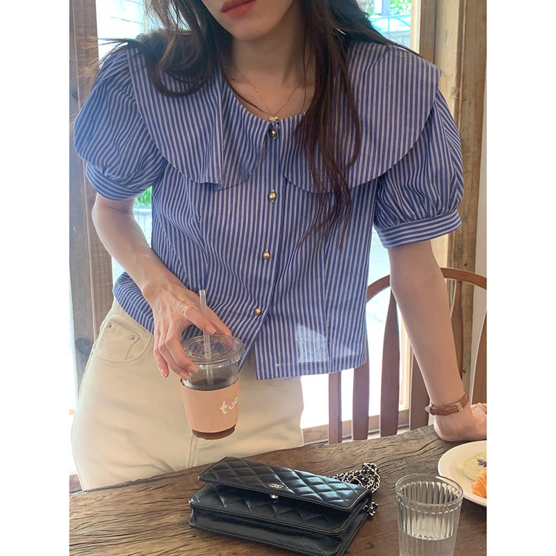 范雯雯 南法假日 法式甜美少女荷叶娃娃领衬衫泡泡袖短款条纹上衣