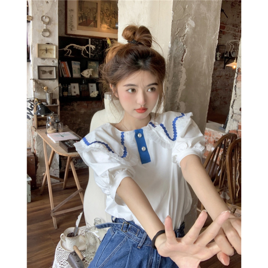 范雯雯 海盐气泡 少女学院娃娃领短袖衬衫复古宽松法式甜美上衣