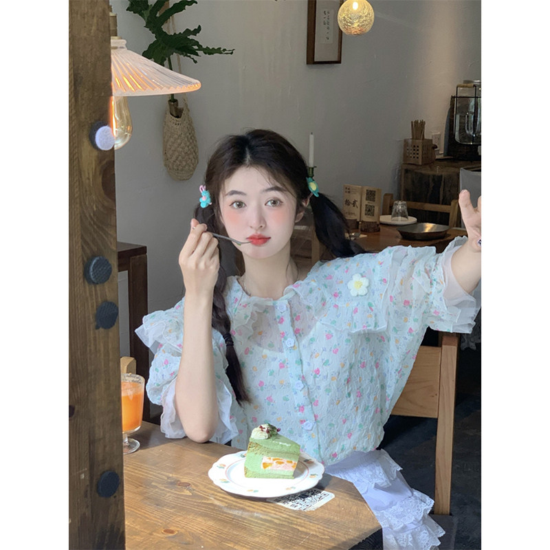 范雯雯 雨后清冷 荷叶边短袖网纱碎花衬衫女夏季甜美娃娃领上衣