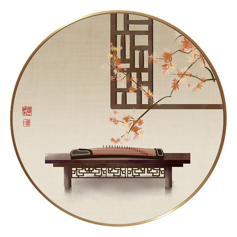 极速中国传统文化墙装q饰画新中式圆形玄关画民俗挂画书房茶室琵