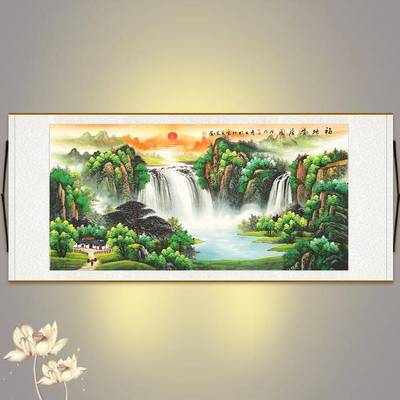 极速厅福地安居图 聚宝盆风水画横B幅挂画 书房客装饰画山水风景
