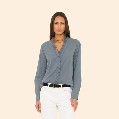 Xirena 法式通勤风V领荷叶花边衬衫女长袖纯色气质上衣