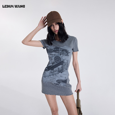 LEDIMWANG灰色雾感印花T恤裙