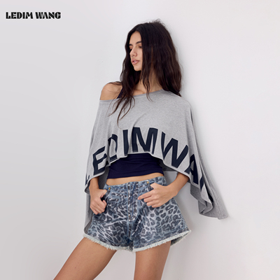 LEDIM WANG斜肩斗篷式T恤女罩衫灰色宽松百搭休闲上衣26夏季新款