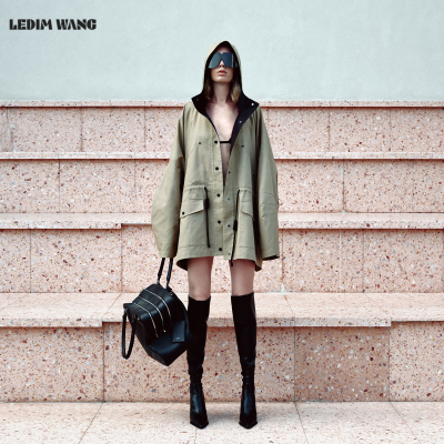 LEDIMWANG双色连帽阔版卡其风衣