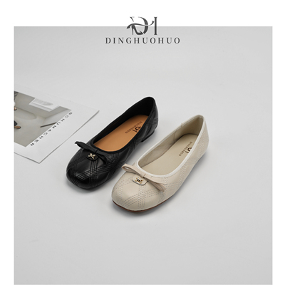 2026春季新款菱格蝴蝶结单鞋女真皮平底芭蕾舞浅口玛丽珍鞋