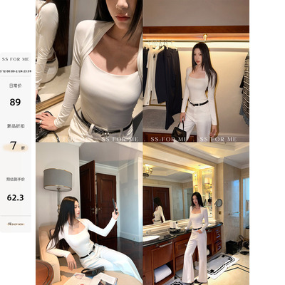 纯欲方领长袖T恤女气质修身上衣