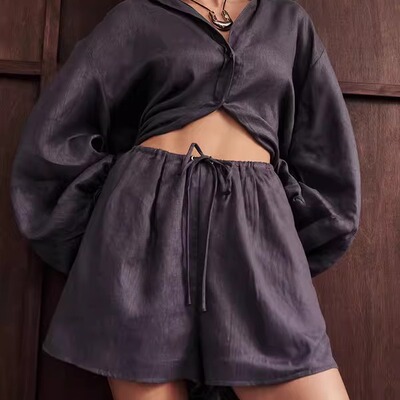 dissh深蓝色亚麻短裤宽松休闲时尚百搭系带抽绳裤子