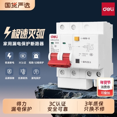 得力断路器家用空气开关漏电保护器2P63a电闸总空开带漏电保护器