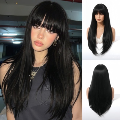 欧美风黑色齐刘海长直发御姐富江黑长直假发头套仿真日常整顶wig