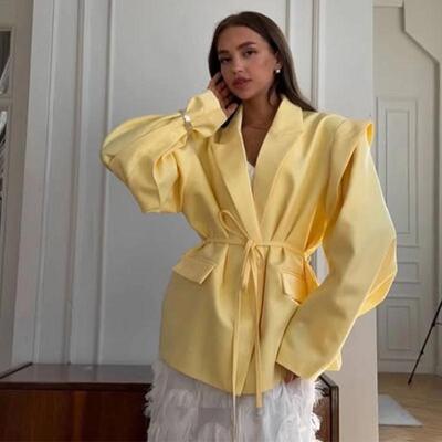 新款西装收腰系带垫肩纯色外套 Strap Shoulder Pads Solid Coat