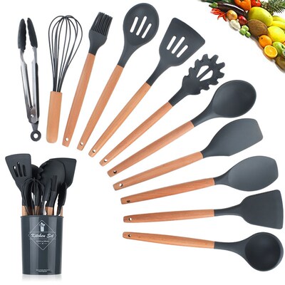 新品Wooden hgandle silicone kitchenware set nine set kitchen
